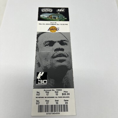 San Antonio Spurs Ticket March 23, 2003 Spurs vs Lakers David Robinson ...