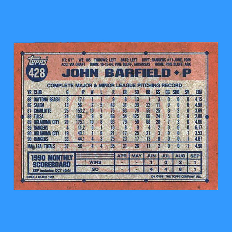 1991 Topps Baseball #428 - John Barfield RC Texas Rangers NM-MT | eBay