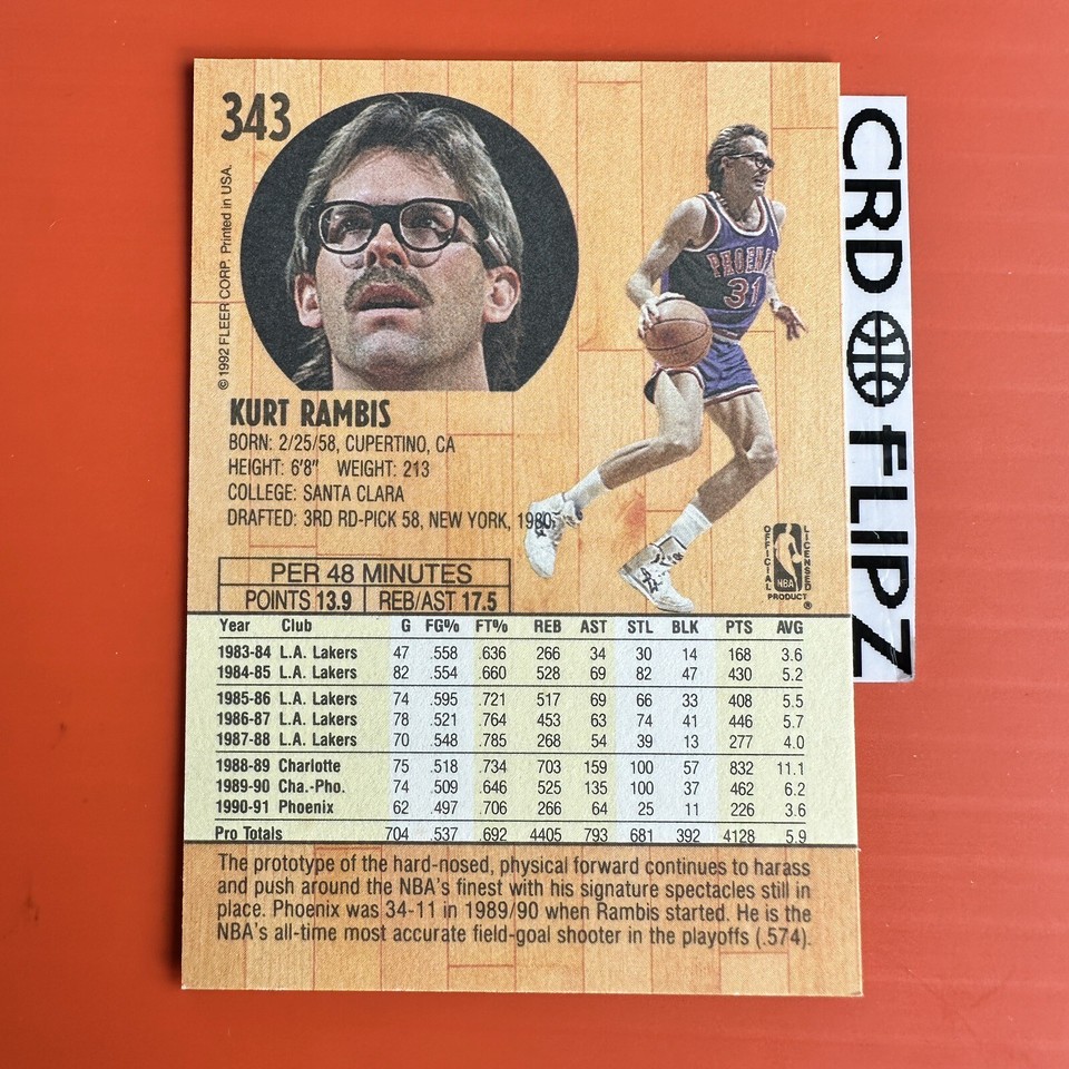 1991-92 Fleer Phoenix Suns Basketball Card #343 Kurt Rambis | eBay