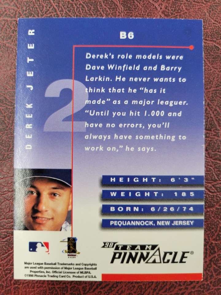 Derek Jeter 1998 PINNACLE "TEAM PINNACLE" INSERT #B6 NEW YORK YANKEES ...