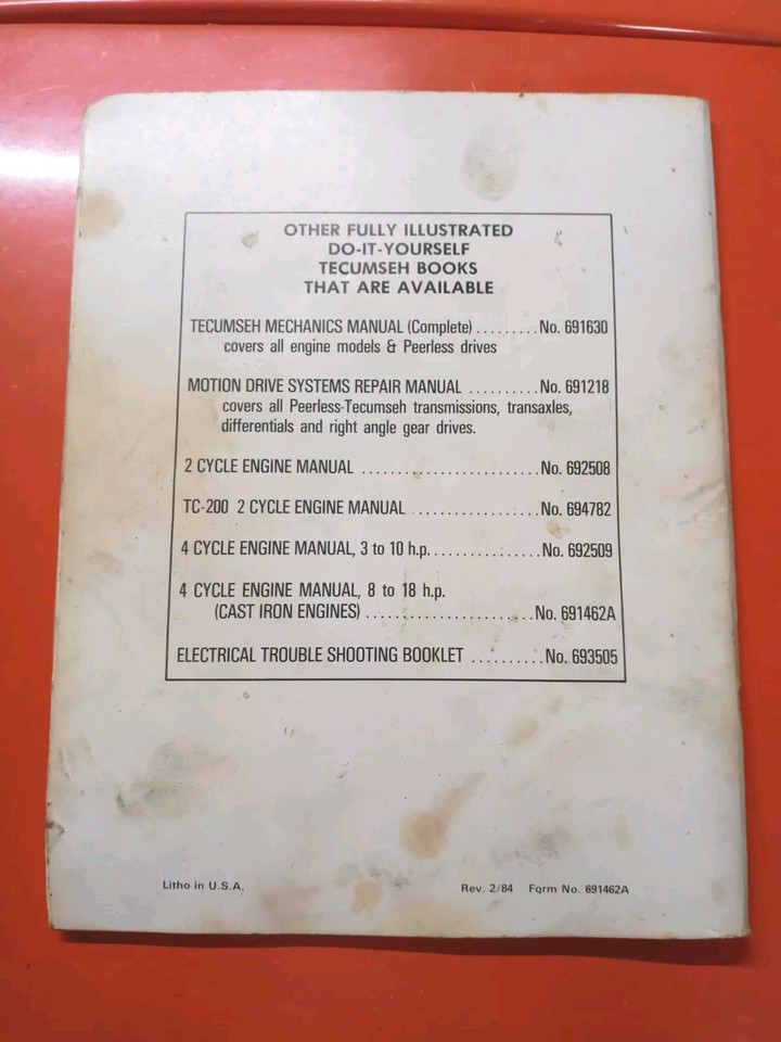 Techumseh Engines Mechanic's Handbook 8-18HP Cast Iron Engines Manual ...