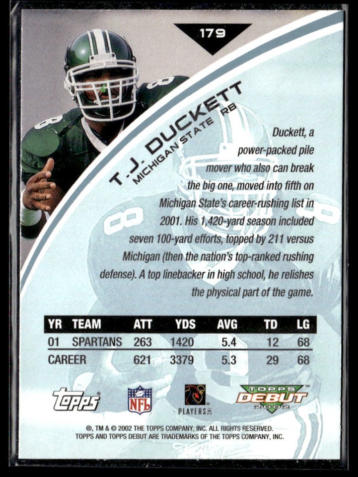 2002 Topps Debut T.J. Duckett #179 RC Michigan State Spartans | eBay