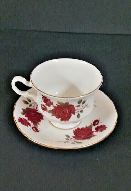 Vintage Queen Anne Bone China Tea Cup & Saucer England Burgundy Rose ...