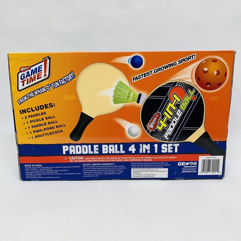 🎾 WHAM-O Game Time Paddle Ball 4 in 1 Game Set Play 4 Different Games ...