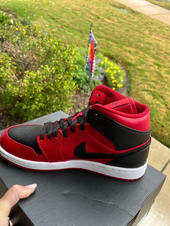Nike Air Jordan 1 Mid Reverse Bred Black Red Shoes Men 554724-660 GS ...