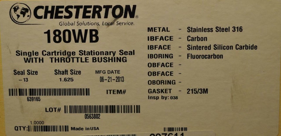 Chesterton 180WB Single Cartridge Stationary Seal w/ Throttle Bushing ...
