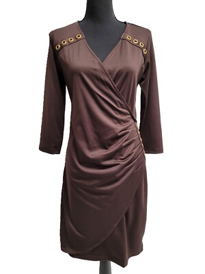Venus Cross Body Dress (6) Brown Grommet Accents V-Neck 3/4 Sleeve Form ...