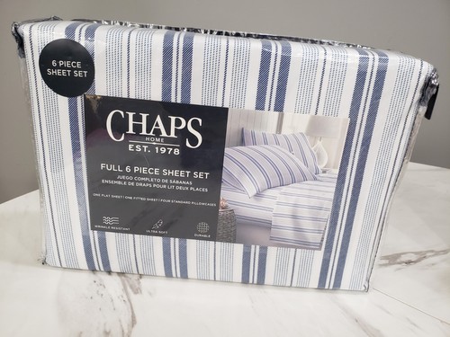 CHAPS by Ralph Lauren 6pc Full Sheet Set White Blue Dash Striped Boys ...