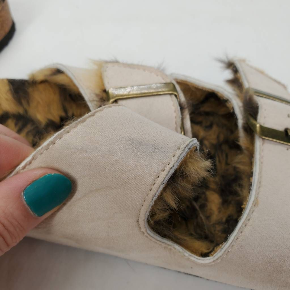Vintage 93 Womens Cozi Slides Sandals Beige Leopard Faux Fur Adjustable ...