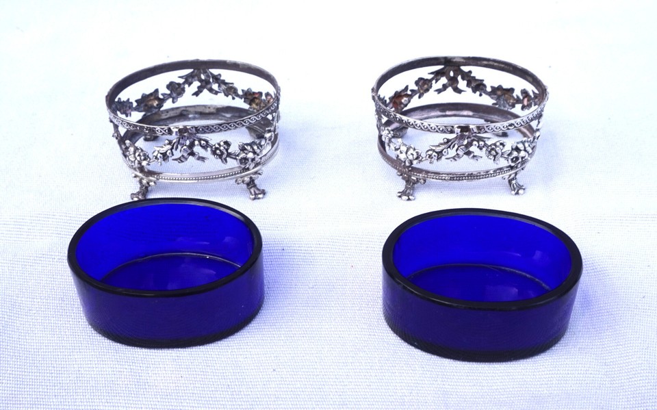 French Open Salt Cellar Pair Cobalt Blue Glass Sterling Silver Cosson ...