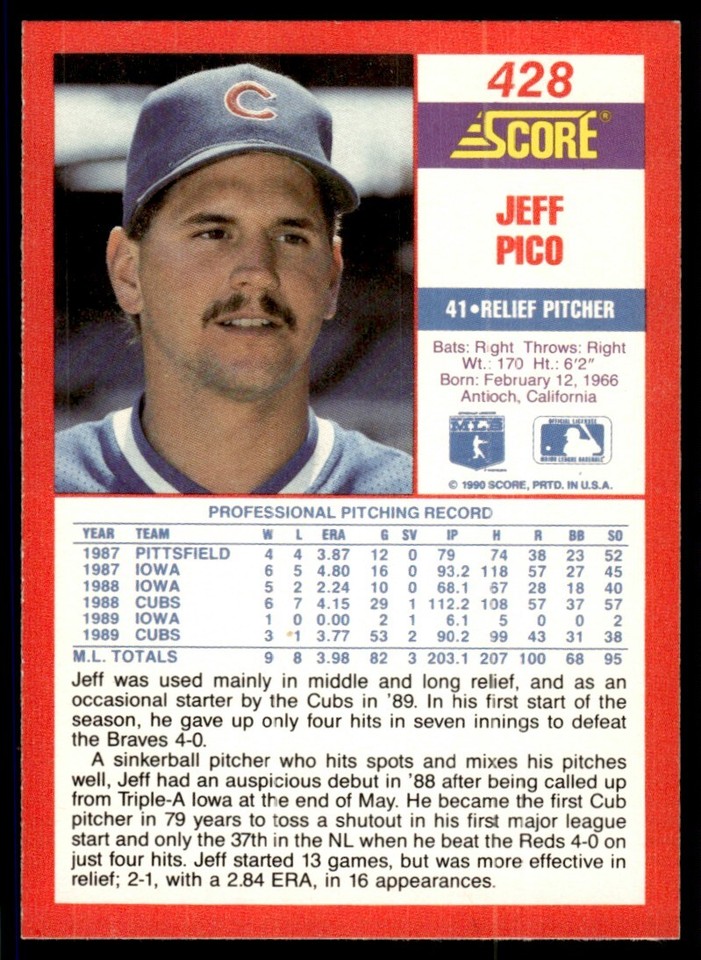 1990 Score #428 Jeff Pico Chicago Cubs | eBay