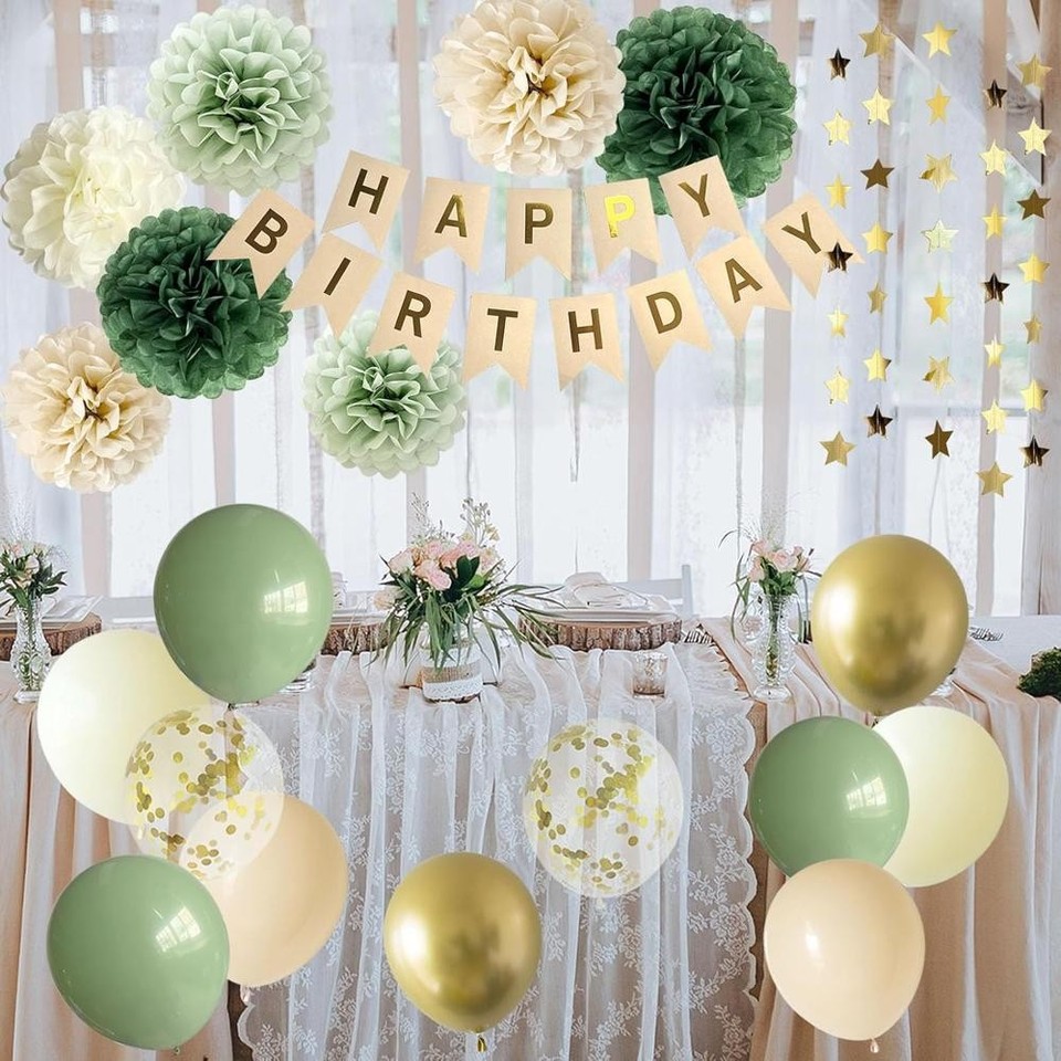 Sage Green Happy Birthday Party Decorations Retro Green Nude Ivory Dark ...