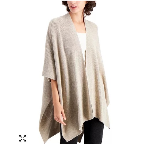 Eileen Fisher Open Front Knit Shawl Cardigan One Size OS Beige Tan Made ...