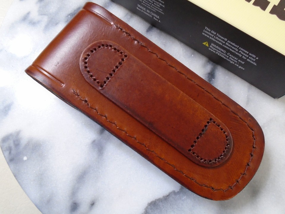 Old Timer Mustang Large Folding Knife Sawcut Delrin & Leather Sheath ...