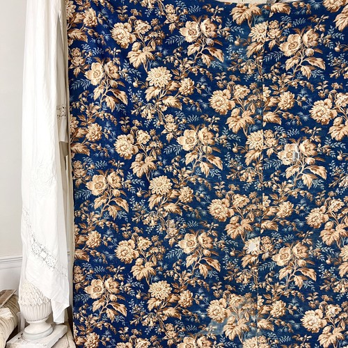Prussian blue French fabric ground with large scale brown floral flower ...