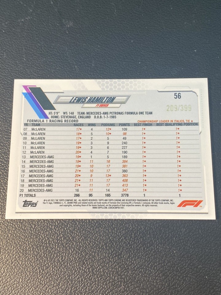 2021 Topps Chrome #56 Lewis Hamilton PURPLE REFRACTOR /399 Hamchella ...