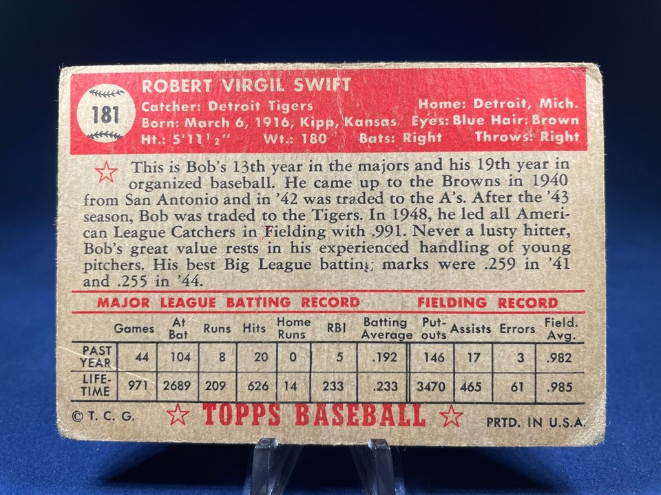 1952 Topps Baseball Low Grade Card Bob Swift #181 Detroit Tigers | eBay