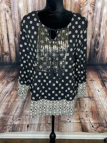Chico's Sequin front peasant top shirt blouse Size 2 Medium 12 Floral ...
