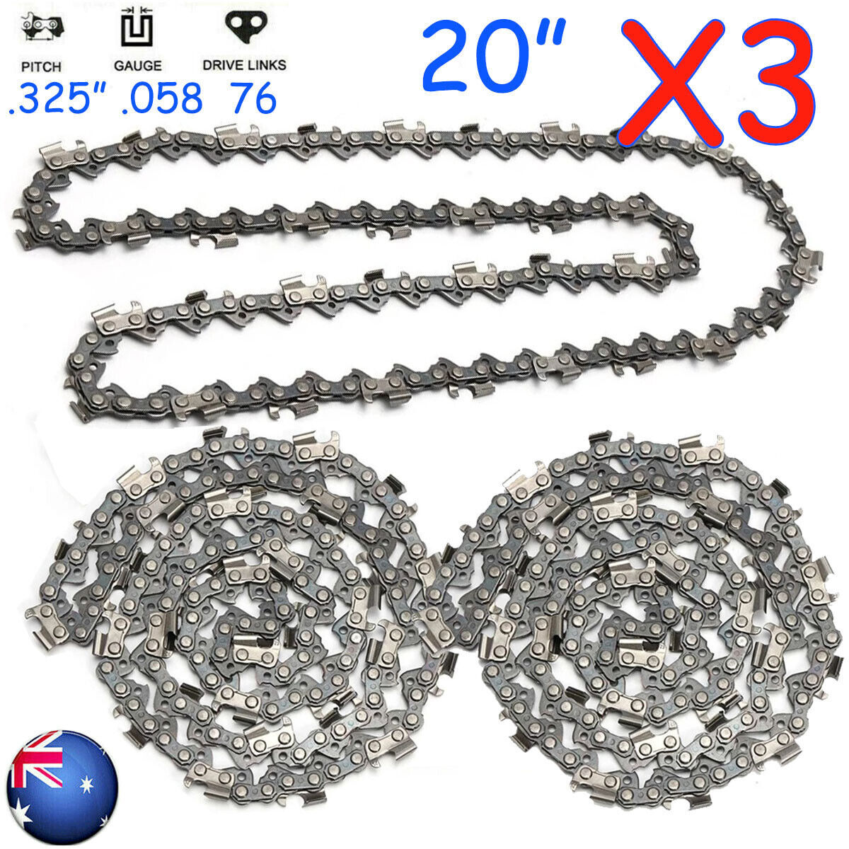 3PCS Chainsaw Chain Blade Saw Chains Semi Chisel 10" 12" 14" 16" 18" 20 ...