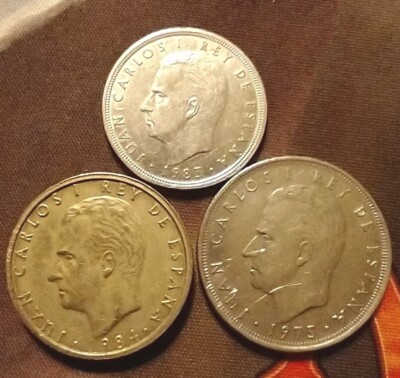 LOT-Spanish coins x3-Juan Carlos-Rey de Espana-83-5 Ptas/75-25 Ptas/84 ...