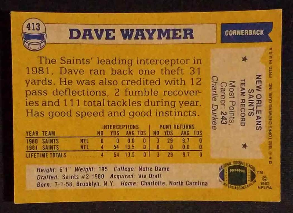 1982 Topps #413 Dave Waymer Rookie RC New Orleans Saints NM-MINT++ | eBay