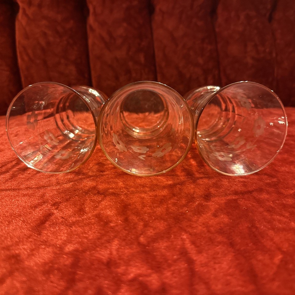 VTG Etched Pink Cordial Glasses Set of 3 Depression Glass Fluted Ribbed ...