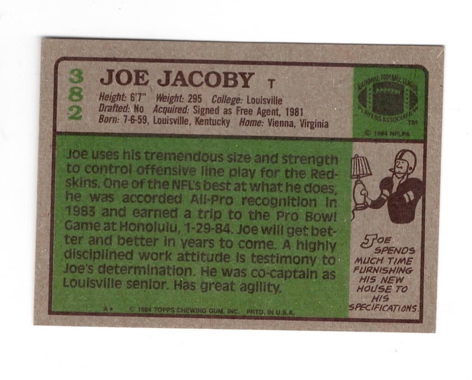1984 Topps #382 Joe Jacoby NM/Mint | eBay