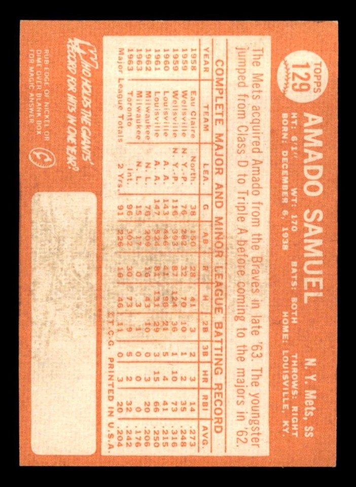 1964 Topps Baseball #129 Amado Samuel NM/MT *e1 | eBay