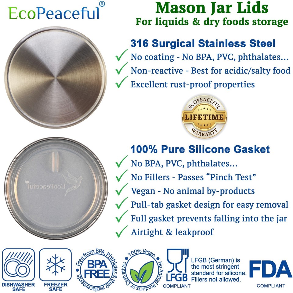Surgical Stainless Steel Mason Jar Lids w/ DISK Silicone Seals - Not ...