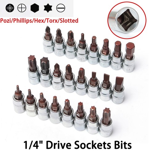 Hex Torx Phillips Slotted Pozi Bit Socket or Set 1/4" Drive Sockets ...