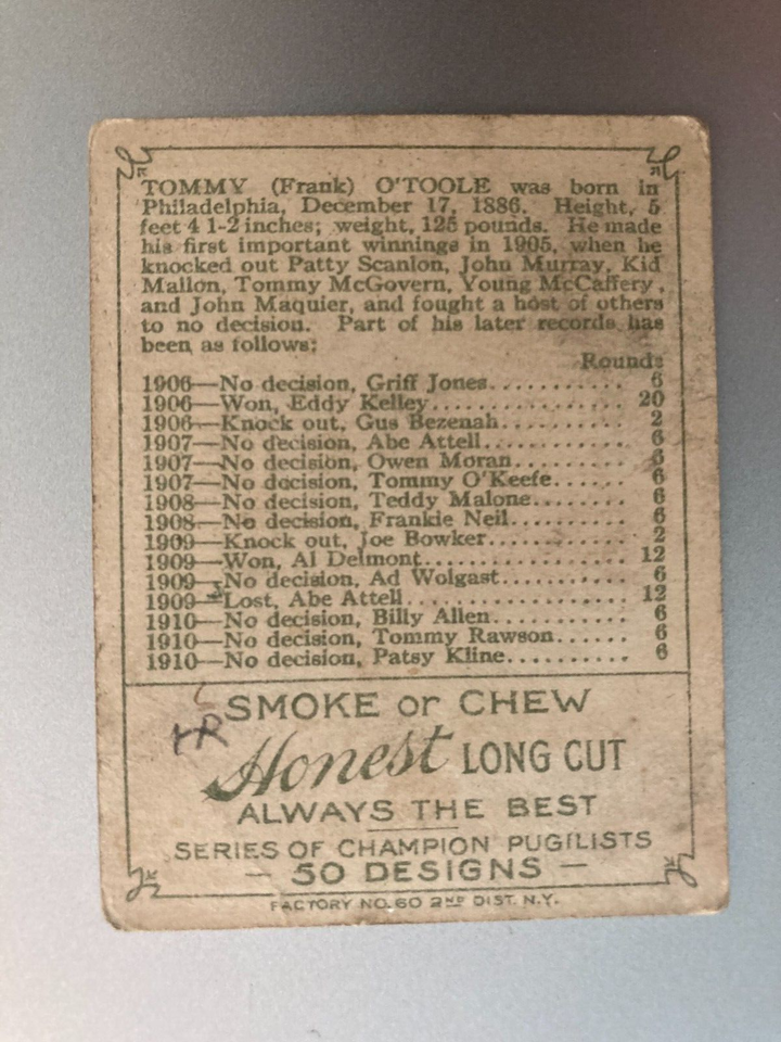 1910 T218 Tommy O'Toole Honest Cigarettes Champion Athlete Prize ...