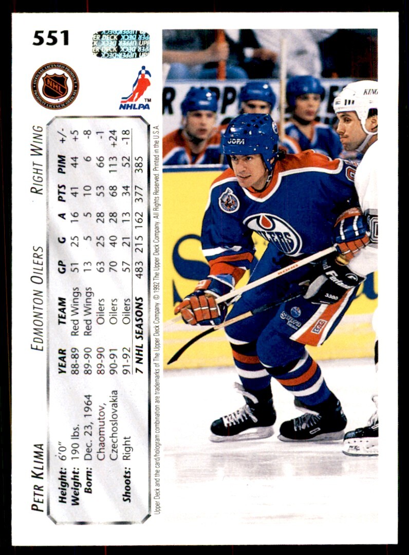 1992-93 Upper Deck Petr Klima . Edmonton Oilers #551 | eBay