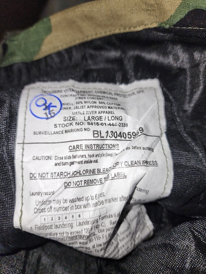 BDU MILITARY OVERGARMENT TROUSERS CHEMICAL PROTECTIVE NFR SIZE LARGE ...