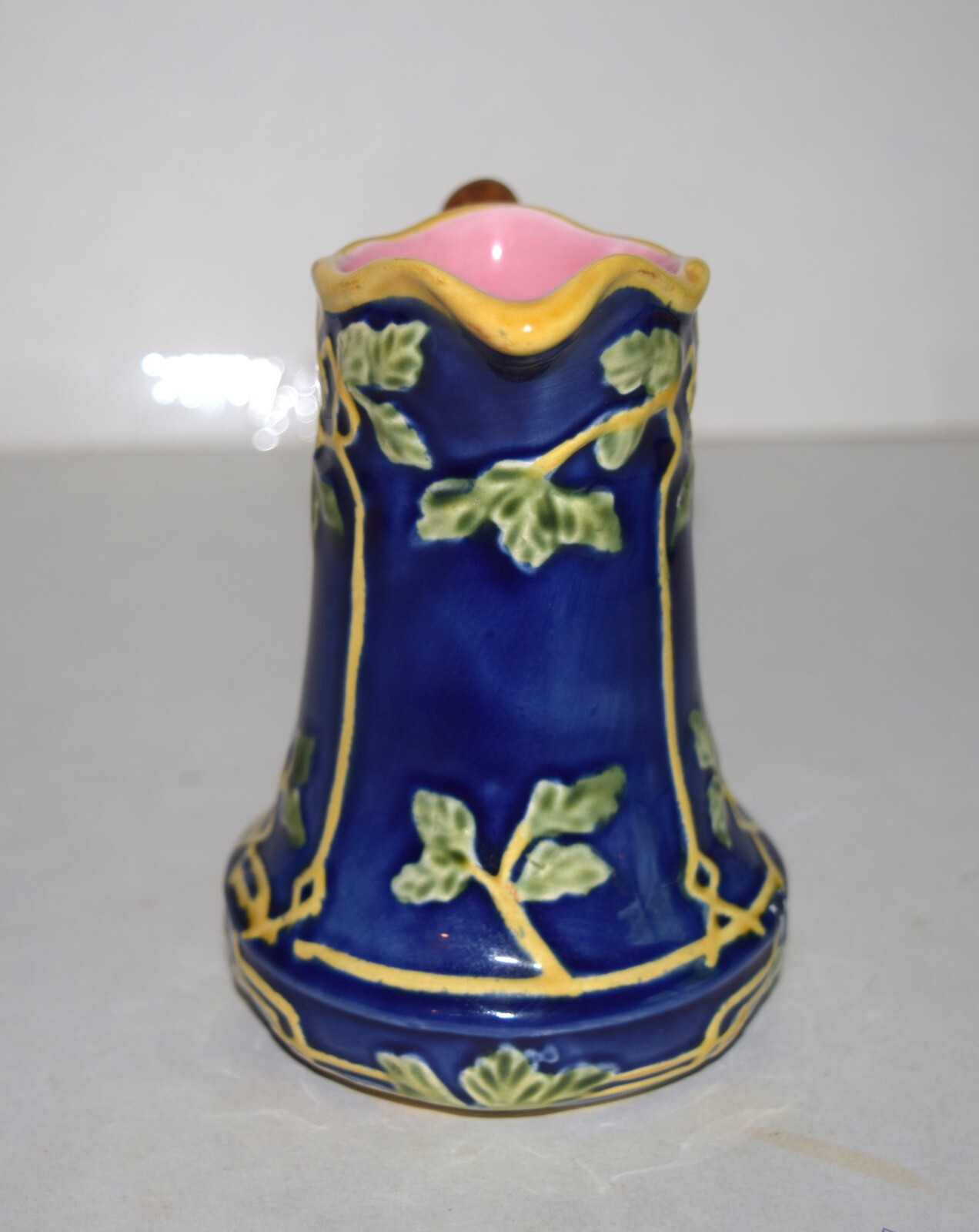 VTG Cobalt Blue Majolica Pitcher With Leaves Vines Bark Handle Sadek J ...