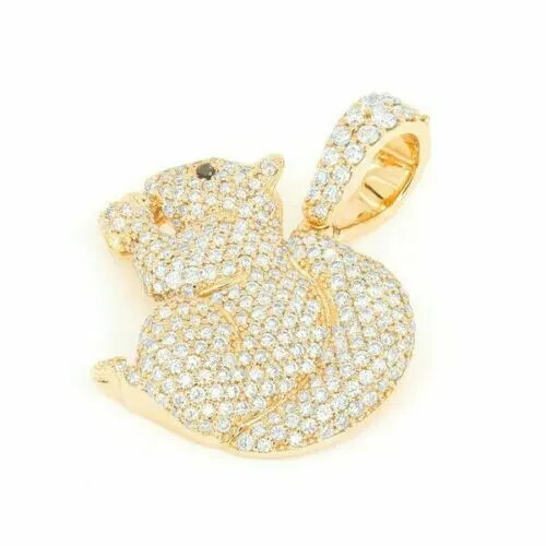 2 CT White Real Moissanite Squirrel Charm Pendant Chain 14k Yellow Gold ...
