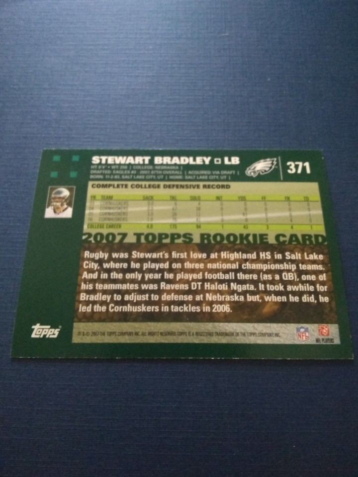 2007 Topps Football Stewart Bradley Rookie Card #371 Set Break NM | eBay