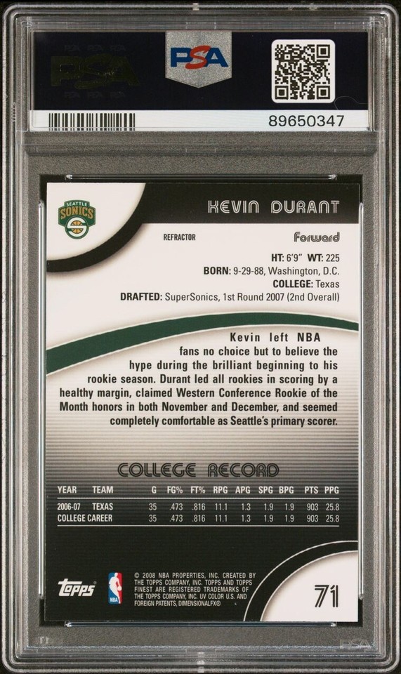 2007-08 Kevin Durant Topps Finest #71 Refractor Rookie Card RC PSA 10 ...