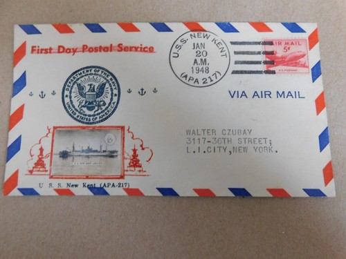 U.S.S. NEW KENT 1ST DAY POSTAL SERVICE, JAN. 20 1948, CACHET BY CROSBY ...