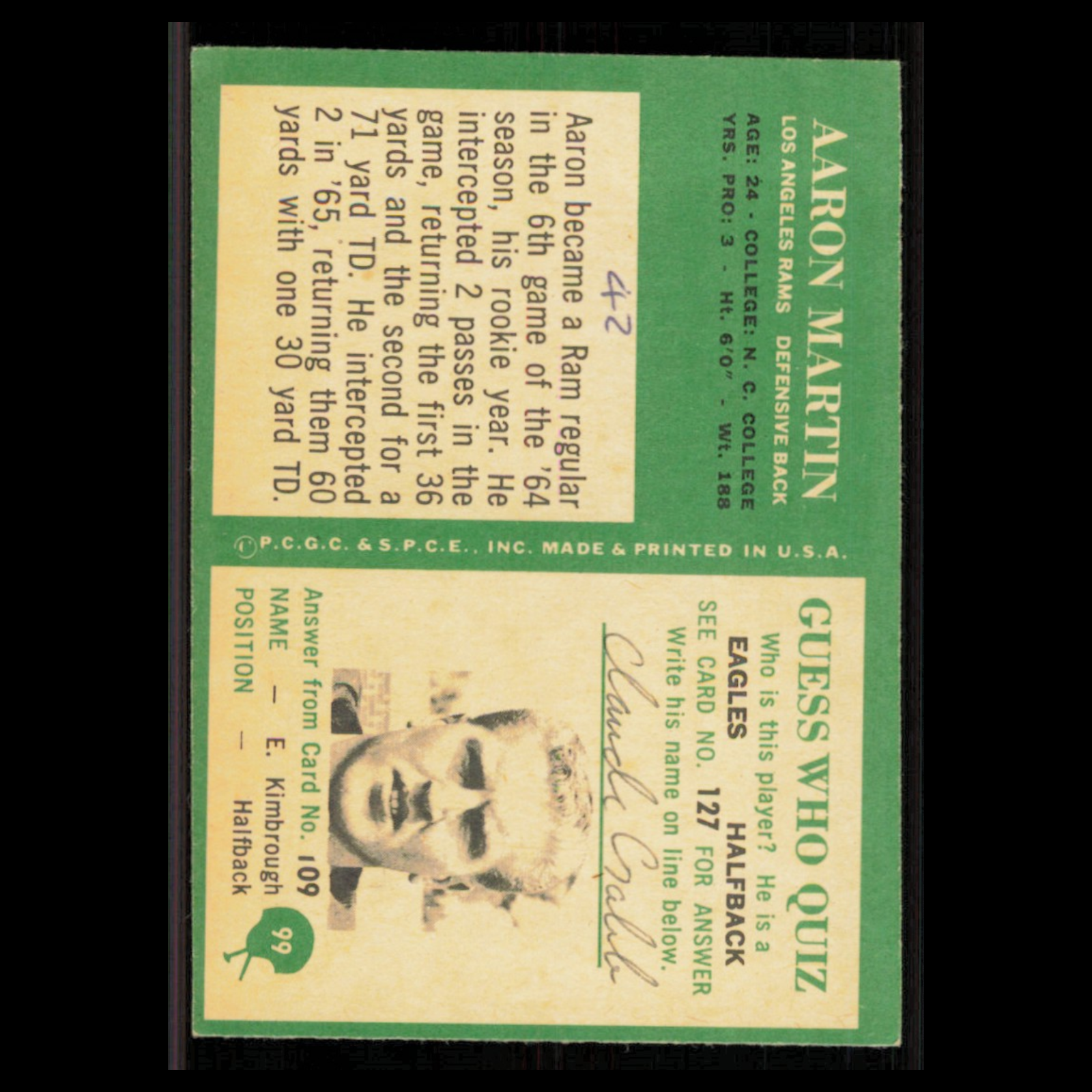 Aaron Martin #99 1966 Philadelphia Los Angeles Rams Football Card NFL ...