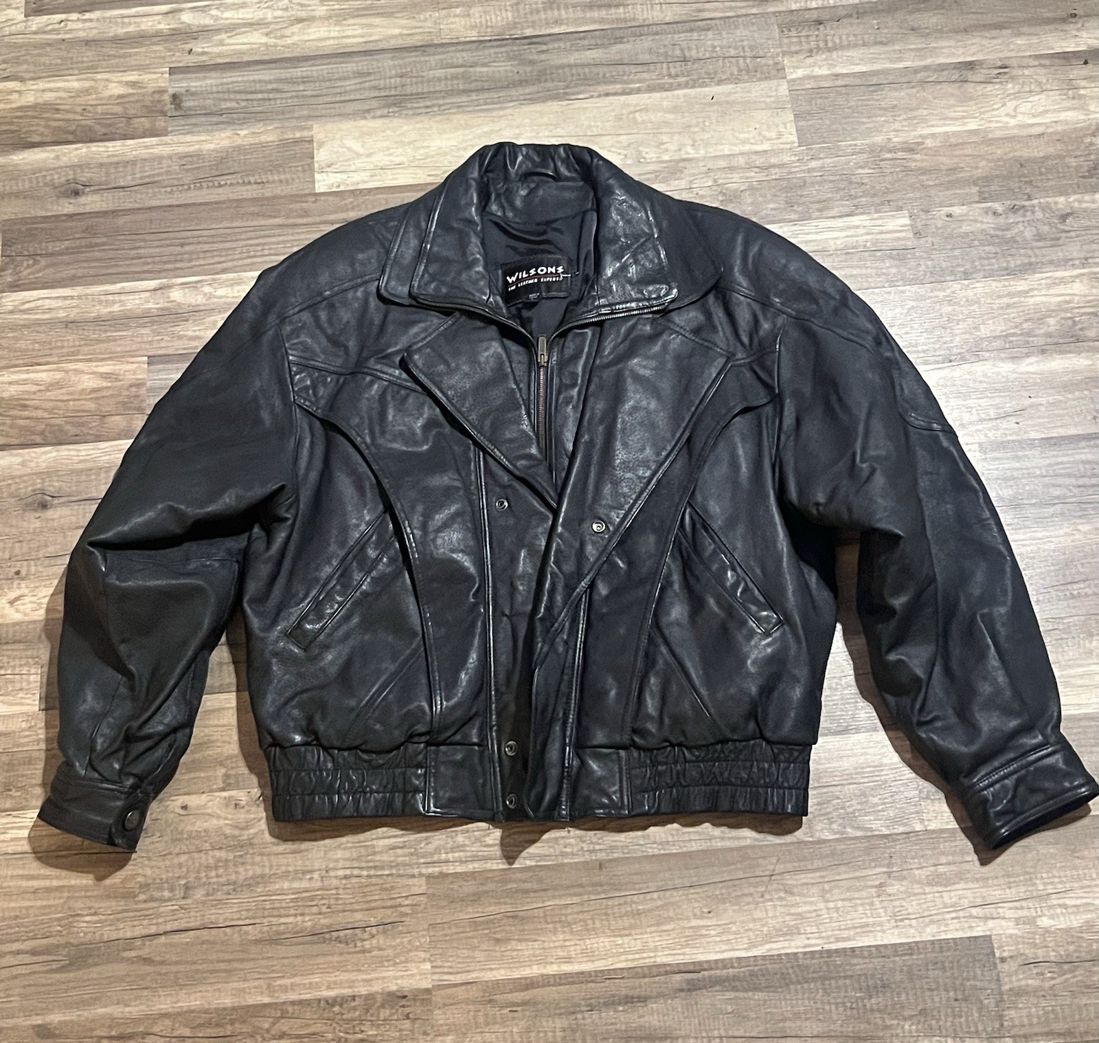 Vtg Sz Large Wilsons Black Leather Jacket Motorcycle … - Gem