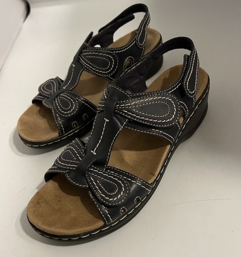 Clarks Bendables Sandals Women's Blue Sz 8W Bow Comfort Wedge Shoes ...