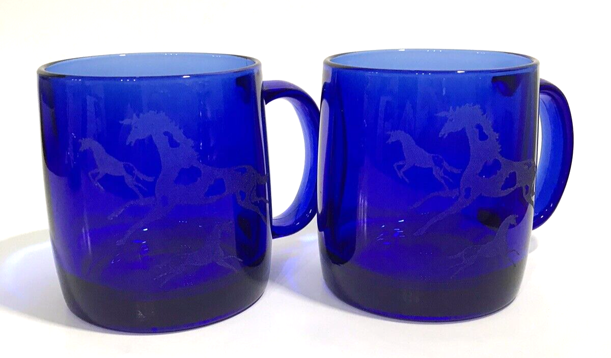 Cobalt Blue Glass Mugs Etched Running Appaloosa Horses Arcoroc France ...