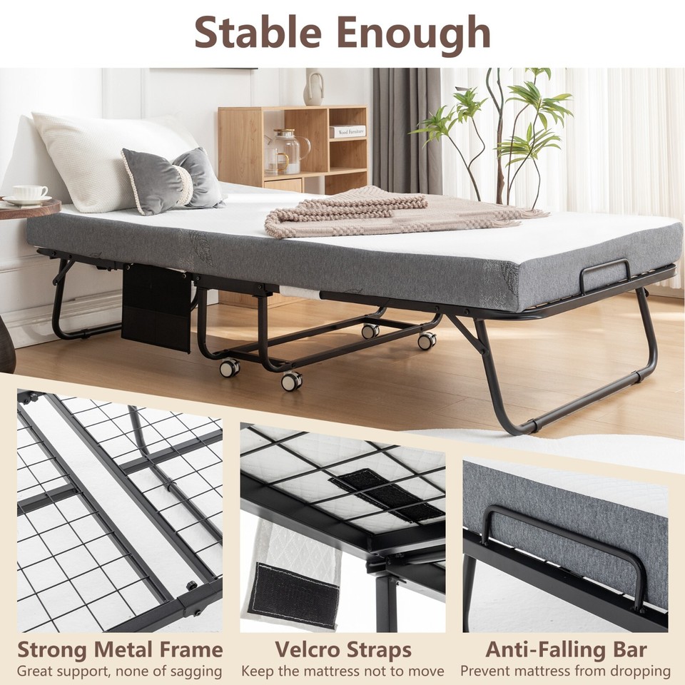 75x38Portable Folding Bed Metal Frame Rollaway Bed w/Memory Foam ...