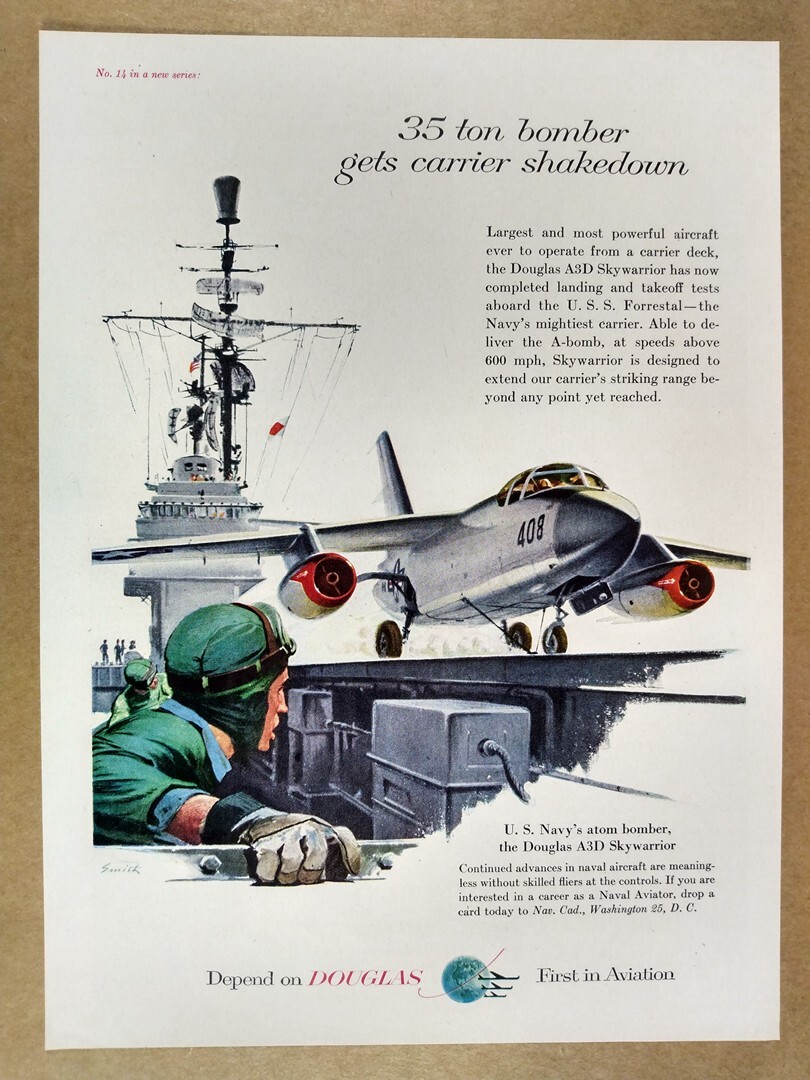 1956 Douglas A3D Skywarrior aircraft carrier color art vintage print Ad ...