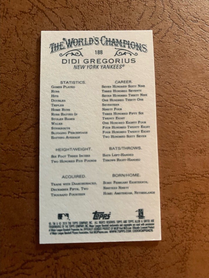 DIDI GREGORIOUS 2019 Topps Allen & Ginter Gold Mini 188 FREE SHIPPING ...