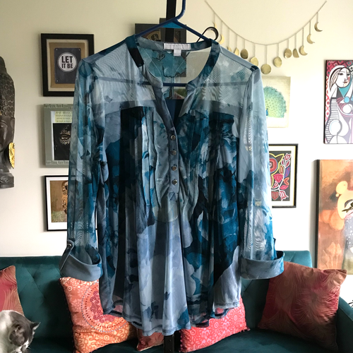 JUNIPER + LIME size L Blue Print Stretch Mesh Pintuck Popover Blouse ...