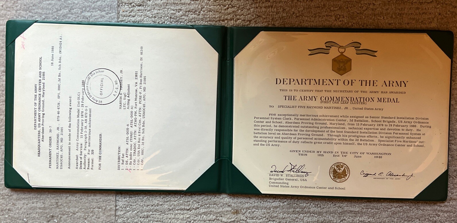 1980 Dept. of U.S. Army Commendation Medal certificate orders Oak Leaf ...