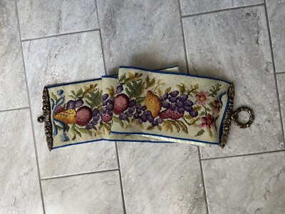 Vtg Tapestry Needlepoint Bell Pull Wall Hanging Floral Wool 56” Brass ...