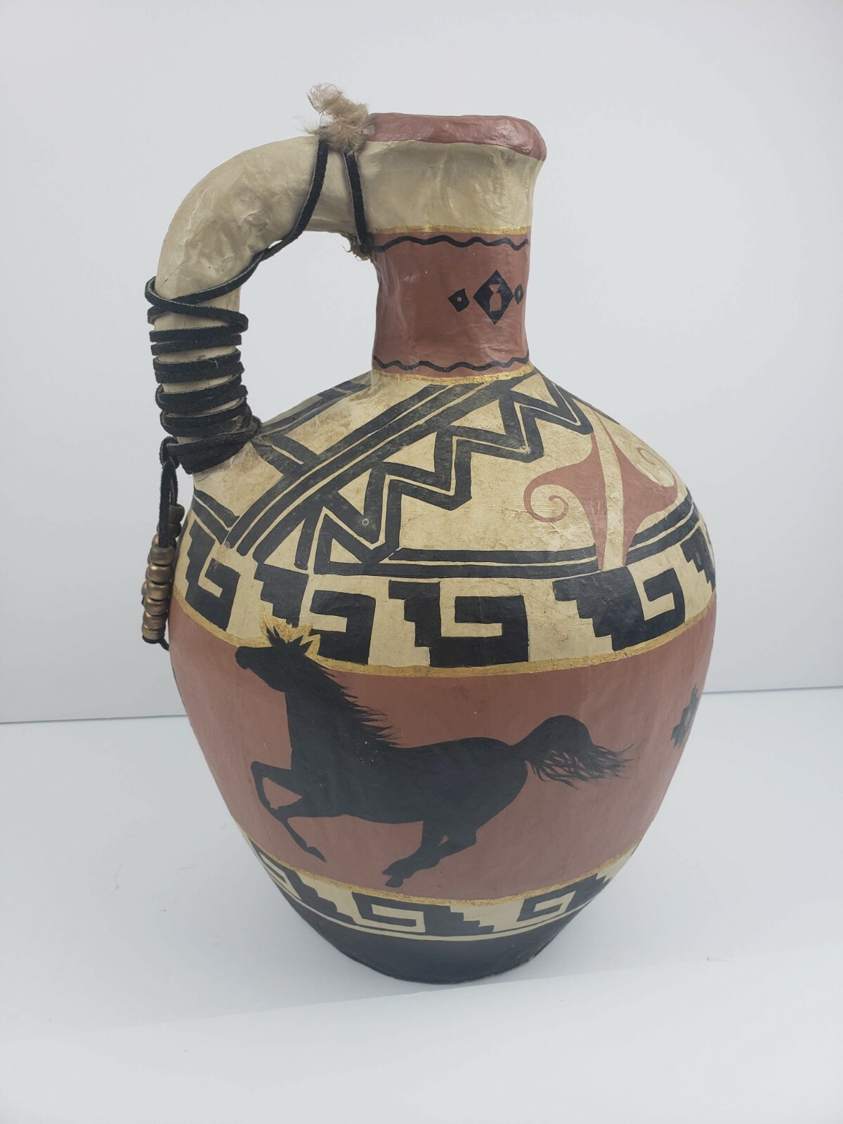 Paper Mache Handled Jug Horses Rattle Shaker Mexico Aztec Designs 12 1/ ...