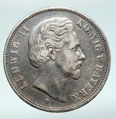 1875 BAVARIA KINGDOM German STATE King LUDWIG II Old Silver 5 Mark Coin ...